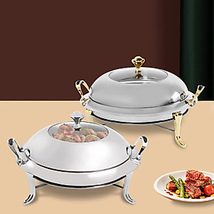 Stainless Steel Flat-Bottomed Chafing Dish, Round Durable Buffet Warmer Tray Durable Frame with Lid and Chafing Fuel Holder for Kitchen Party Dining Buffet-Without Water Pan (Gold-14.96in)