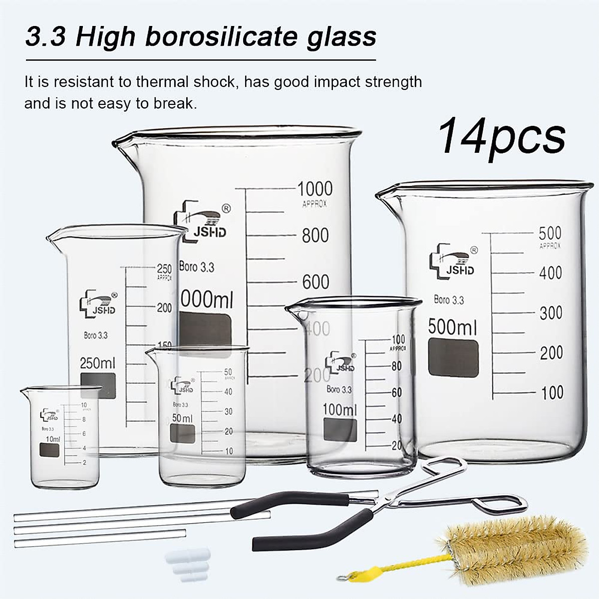 ADAMAS-BETA 14PCS Glass Beaker Set, 6 Sizes - 10ml 50ml 100ml 250ml 500ml 1000ml Graduated Beakers + 11" Beaker Tongs + 3pcs Glass Stirring Rods + 3pcs Magnetic Stir Bar + 1000ml Beaker Brush