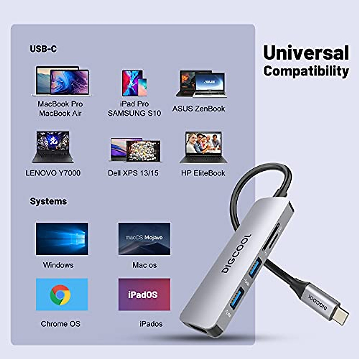 DIGCOOL USB C Hub, 5 in 1 USB C Dongle, USB C to HDMI Multiport Adapter 4K HDMI 2 USB 3.0 Ports SD/TF Card Reader for MacBook, Mac Pro, iPad Pro, XPS, and More