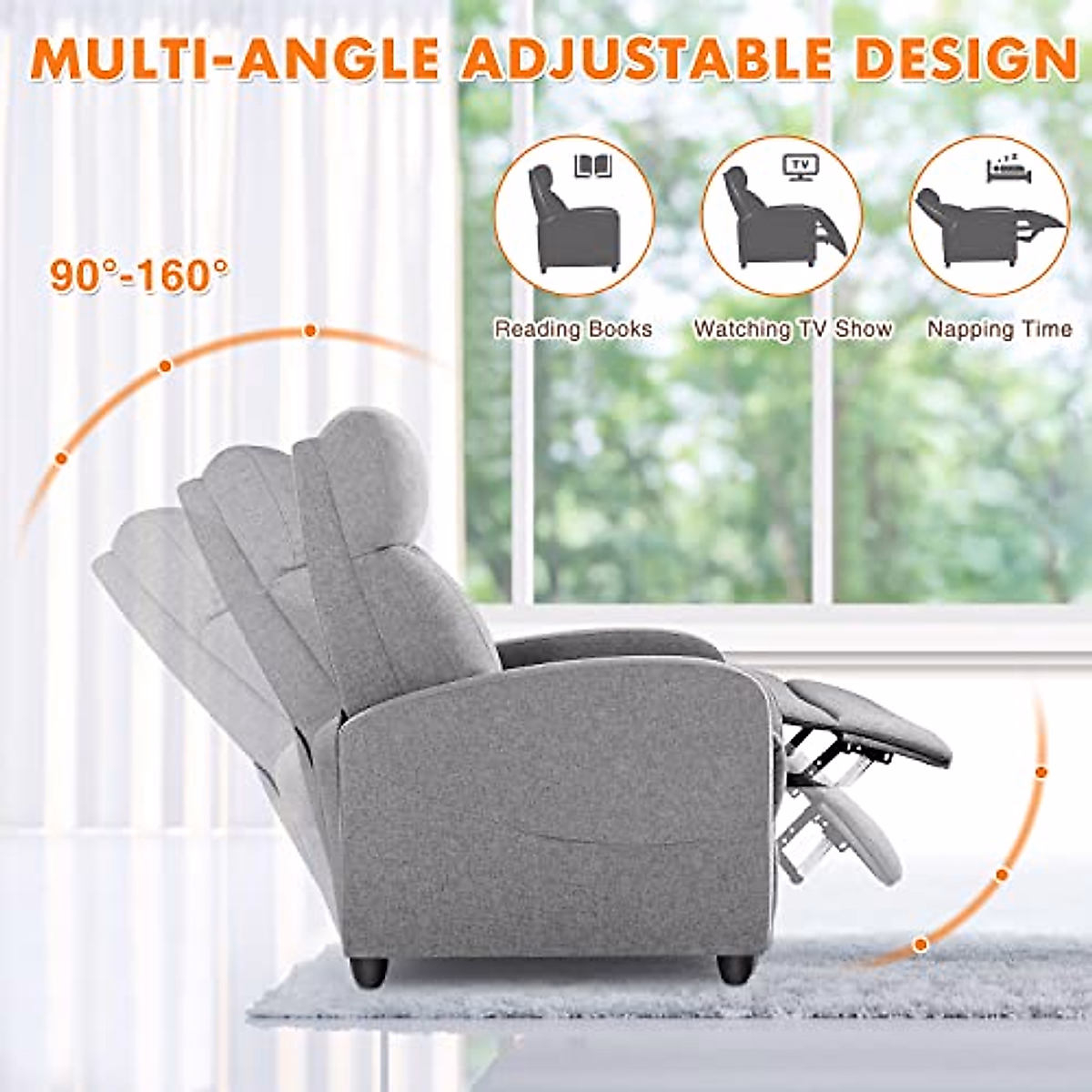 Recliner Chair for Living Room, Fabric Massage Recliner Chair Winback Single Sofa Home Theater Chairs Adjustable Modern Reclining Chair with Padded Seat Backrest for Adults (Grey)