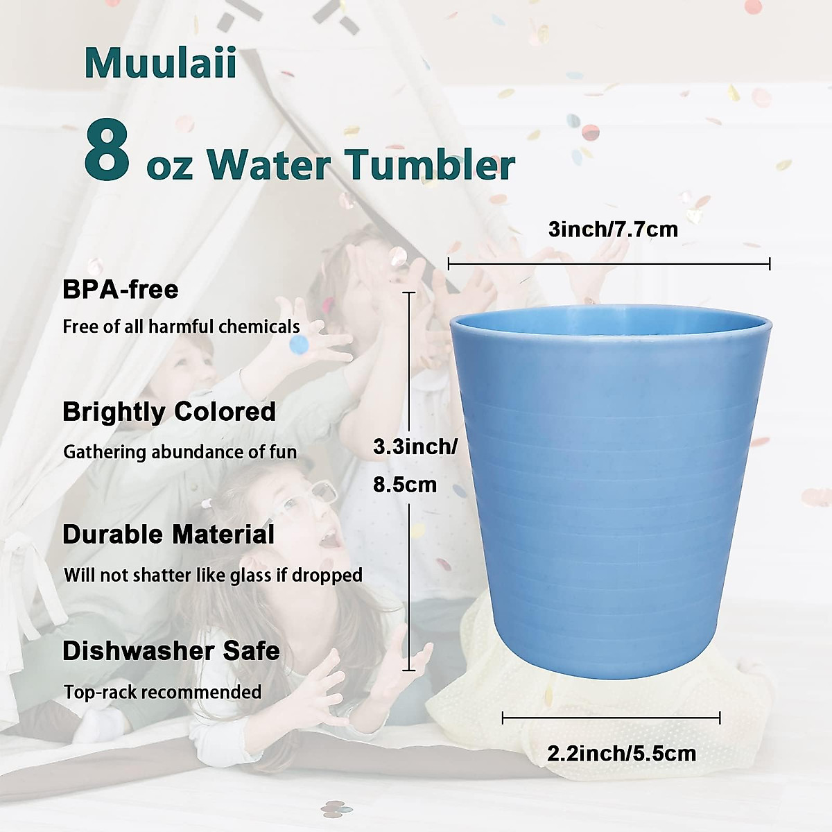 Muulaii Set of 12 Kids Plastic Cups- 8 oz Children Drinking Cups Reusable Unbreakable Plastic Stackable Water Tumblers for Kids & Toddlers Bright Colored- Dishwasher and Microwave Safe