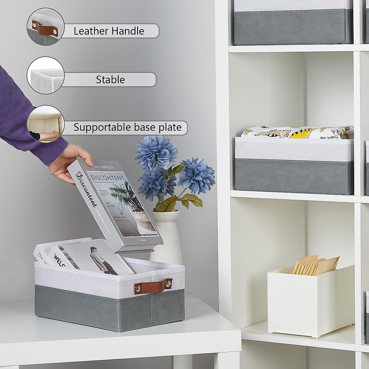 HNZIGE Fabric Storage Bins for Organizing Shelves,6 PCS Small Storage Bins with Handles, Foldable Closet Storage Bins for Organizer Home, Office(White&Gray,11.8 x 7.8 x 5.1)