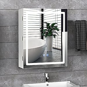 VOWNER Bathroom Medicine Cabinet with LED Lights and Mirror, Wall Mounted Mirror Cabinet with Adjustable Shelf, Defogger, Memory 3-Color Mode, Dimmer, Anti-Fog (20"×24")