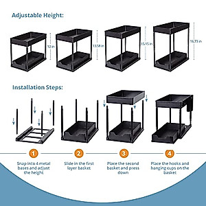 evismo 2-Tier Under Sink Organizer, Bathroom & Kitchen Multipurpose Cabinet Storage, with Pull-out Sliding Drawer, Hooks & Hanging Cups, Adjustable Height, Cabinet Organizer, Black