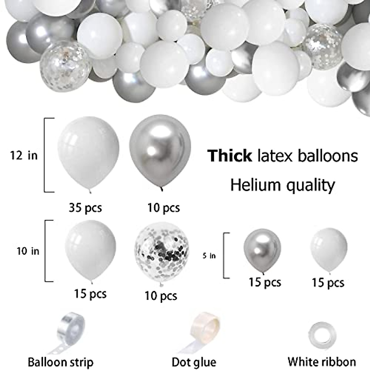 103pcs White and Silver Balloons Garland Arch Kit 5” 10 Inch 12” White Silver Metallic Confetti Latex Balloons Arch Set for Winter Wonderland Birthday Baby Shower Wedding Party New Year's Day Decor