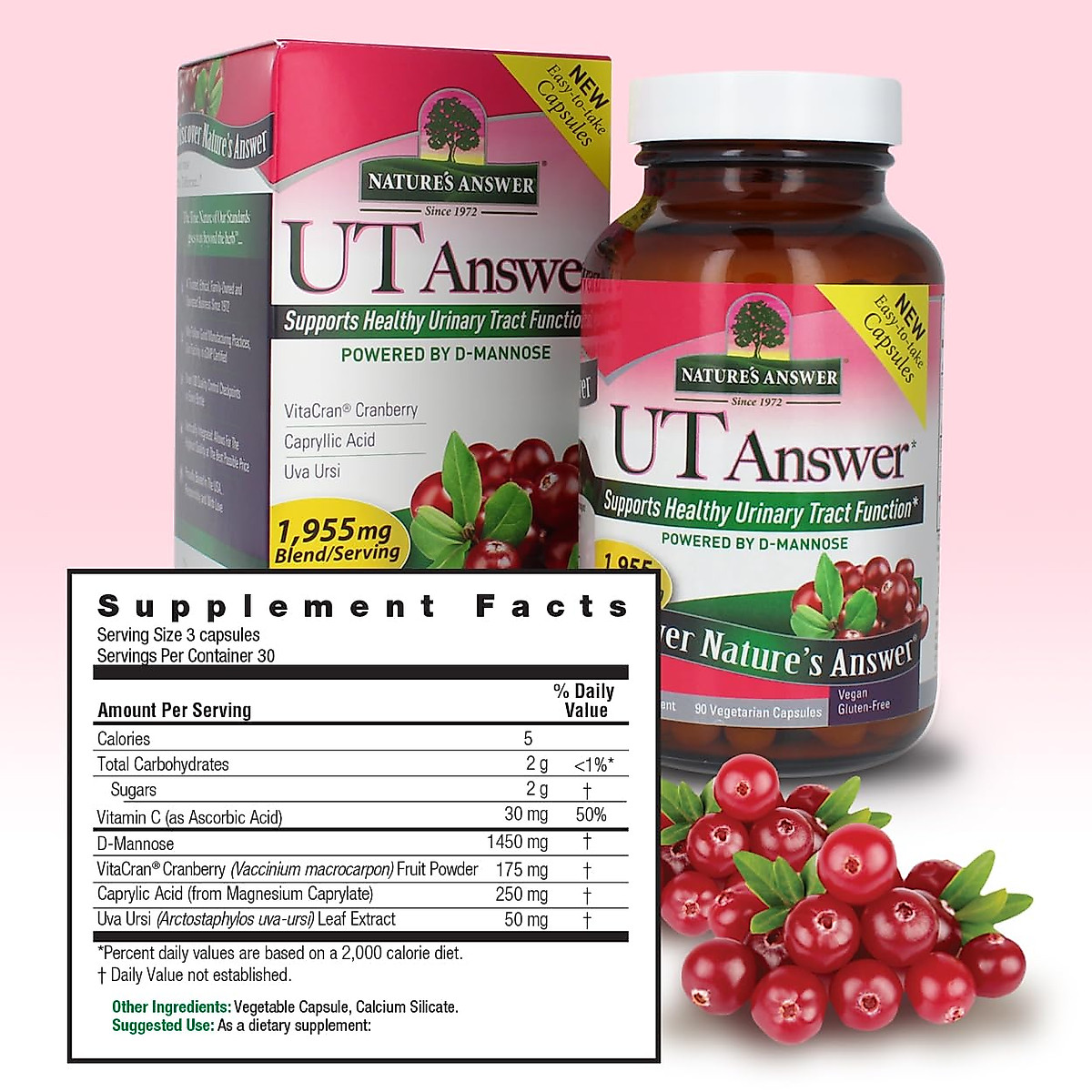 Nature's Answer UT Answer with D-Mannose 1955mg 90-Count | Urinary Tract & Bladder Support | Natural Detox | Gluten-Free, Vegan, Kosher | Single Count