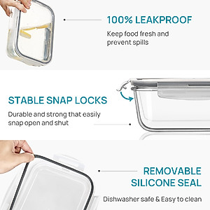 Vtopmart 2Pack 1860ml/ 63oz Large Glass Storage Containers with Lids, Meal Prep Food Container Set with Snap Airtight Lid for Baking, Microwave, Oven, Leak Proof, for Freezer, Dishwasher, Grey