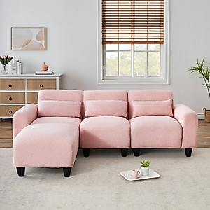 FREESNOOZE 84.6 inch Modern Teddy Sectional Sofa L-Shaped Couch with 3 Waist Pillows for Small Apartment, Bedroom, Spaces(Pink)