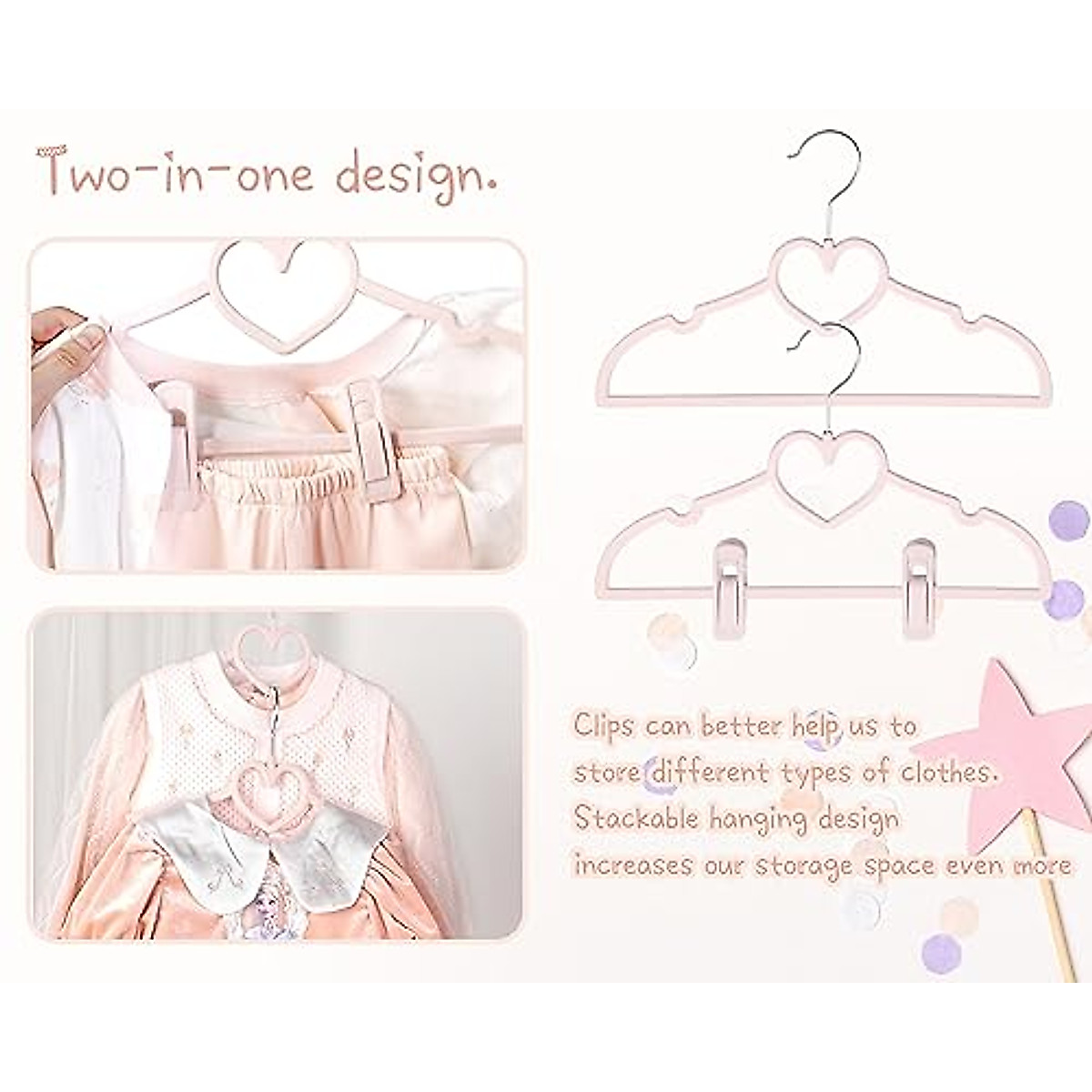 Kids Pink Velvet Clips Hangers - 13inch 50 Pack Toddler Hanger with 20pcs Movable Clips, Stackable Non-Slip Heart Flocked Hangers Fit for Baby and Children Clothes, Heavy-Duty and Space-Saving(Silver)