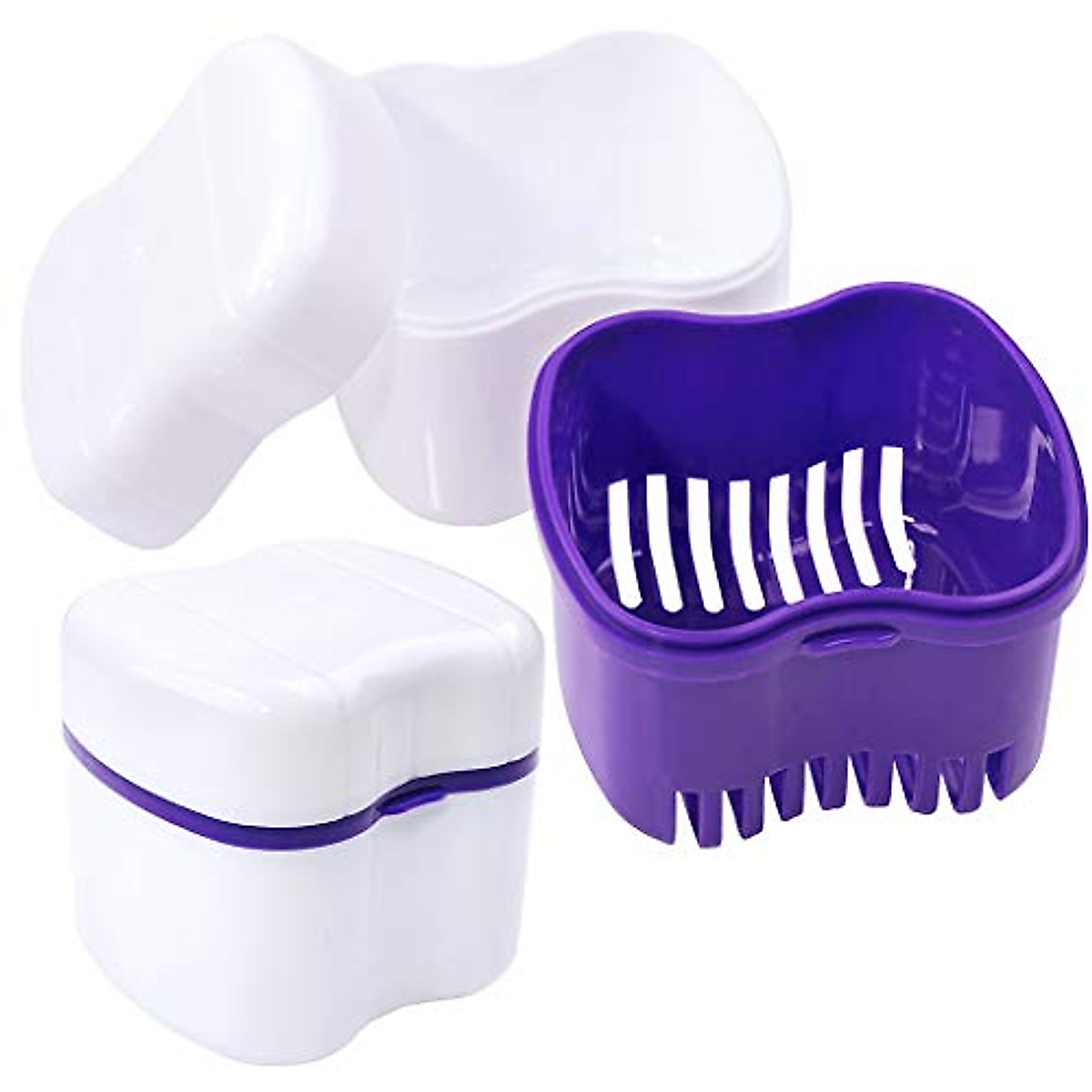 Denture Case,Denture Cups Bath, Toothbrush with hard denture, Dentures Container with Basket Denture Holder for Travel,Mouth Guard Night Gum Retainer Container (Purple)
