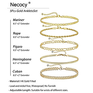 NECOCY Gold Ankle Bracelets for Women,14K Real Gold Plated Anklets Herringbone Figaro Flat Mariner Dainty Layered Anklet Set 3pcs Cute Summer Beach Chain Anklets for Women