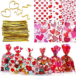 Zonon Valentine Cellophane Bags Heart Candy Treat Bag Holiday Clear Goodie Bags Party Favor Bags with 700 Pieces Twist Ties for Valentine's Day Craft Wrapping Decoration Supplies (240)