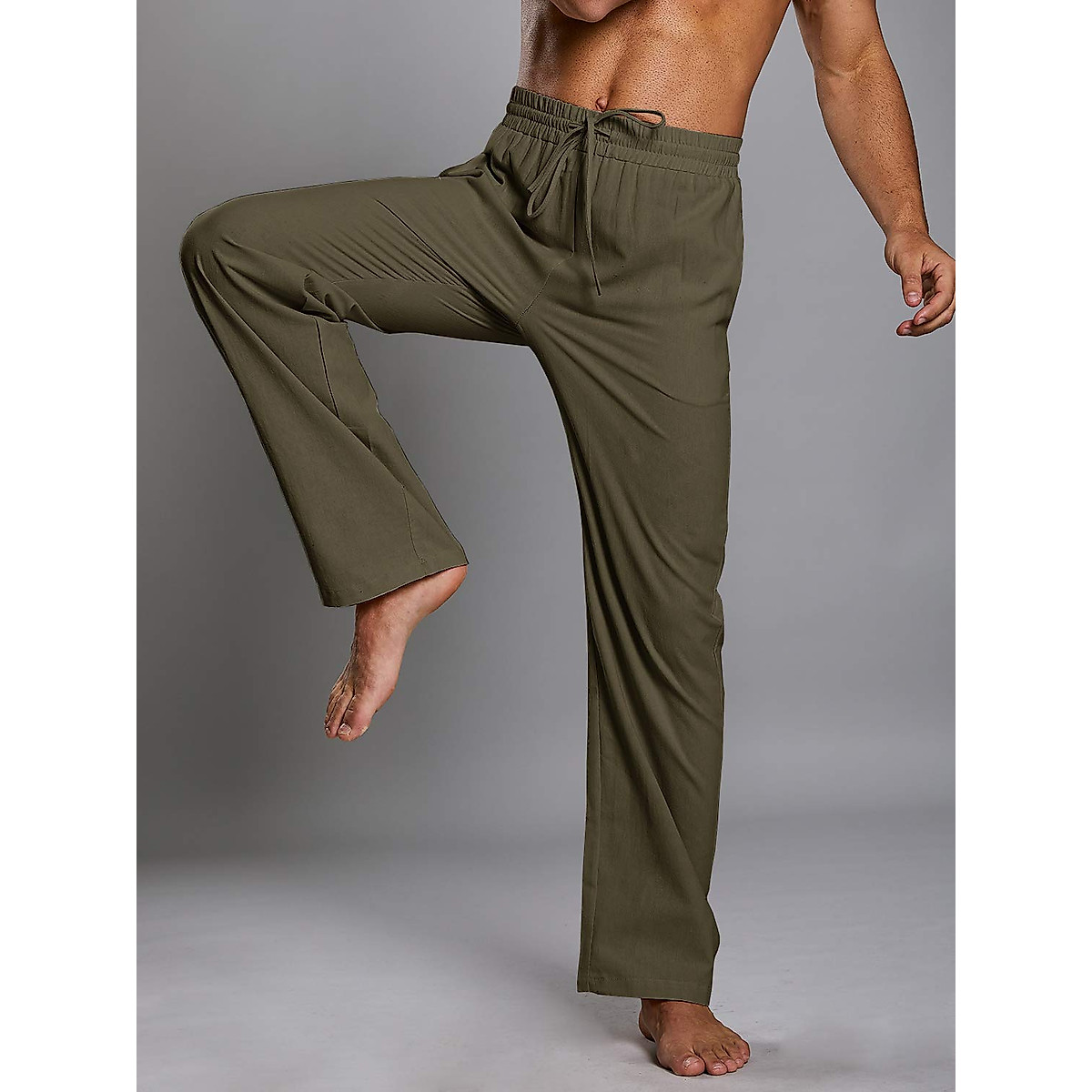 PASLTER Mens Casual Linen Pants Loose Fit Straight-Legs Elastic Drawstring Waist Summer Beach Yoga Long Pants