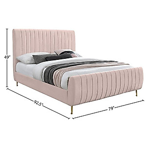 Meridian Furniture Zara Collection Modern | Contemporary Velvet Upholstered Bed with Deep Channel Tufting and Custom Gold Legs, King, Pink