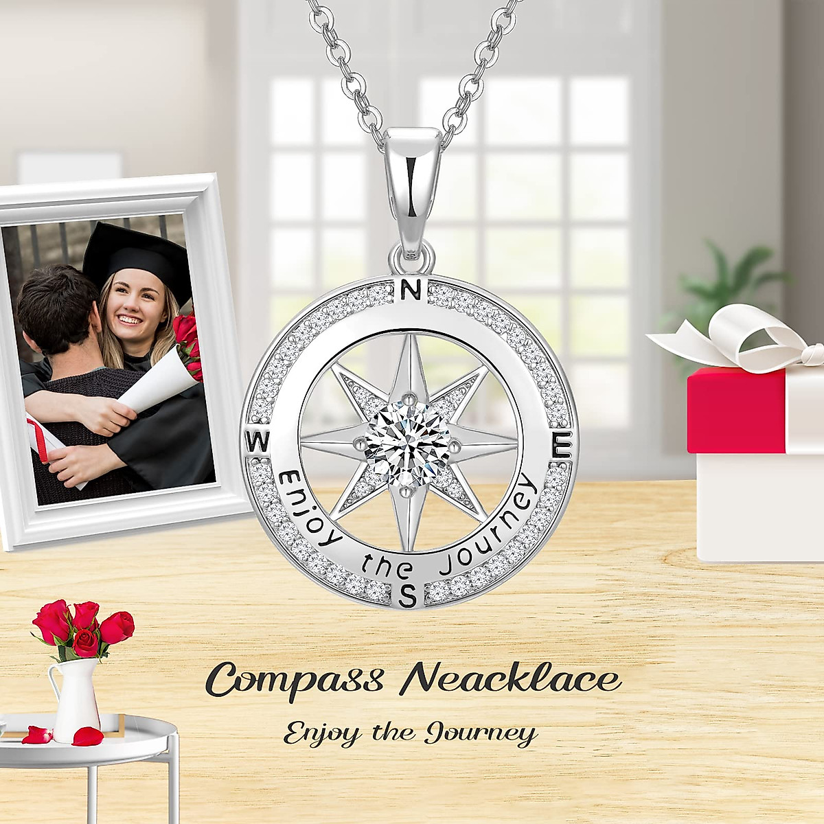 Peeshow Graduation Gifts high school College Silver Compass Graduation Necklace for Women, Best Gift for Daughters Granddaughter, Masters Degree Graduation Presents Jewelry for Women