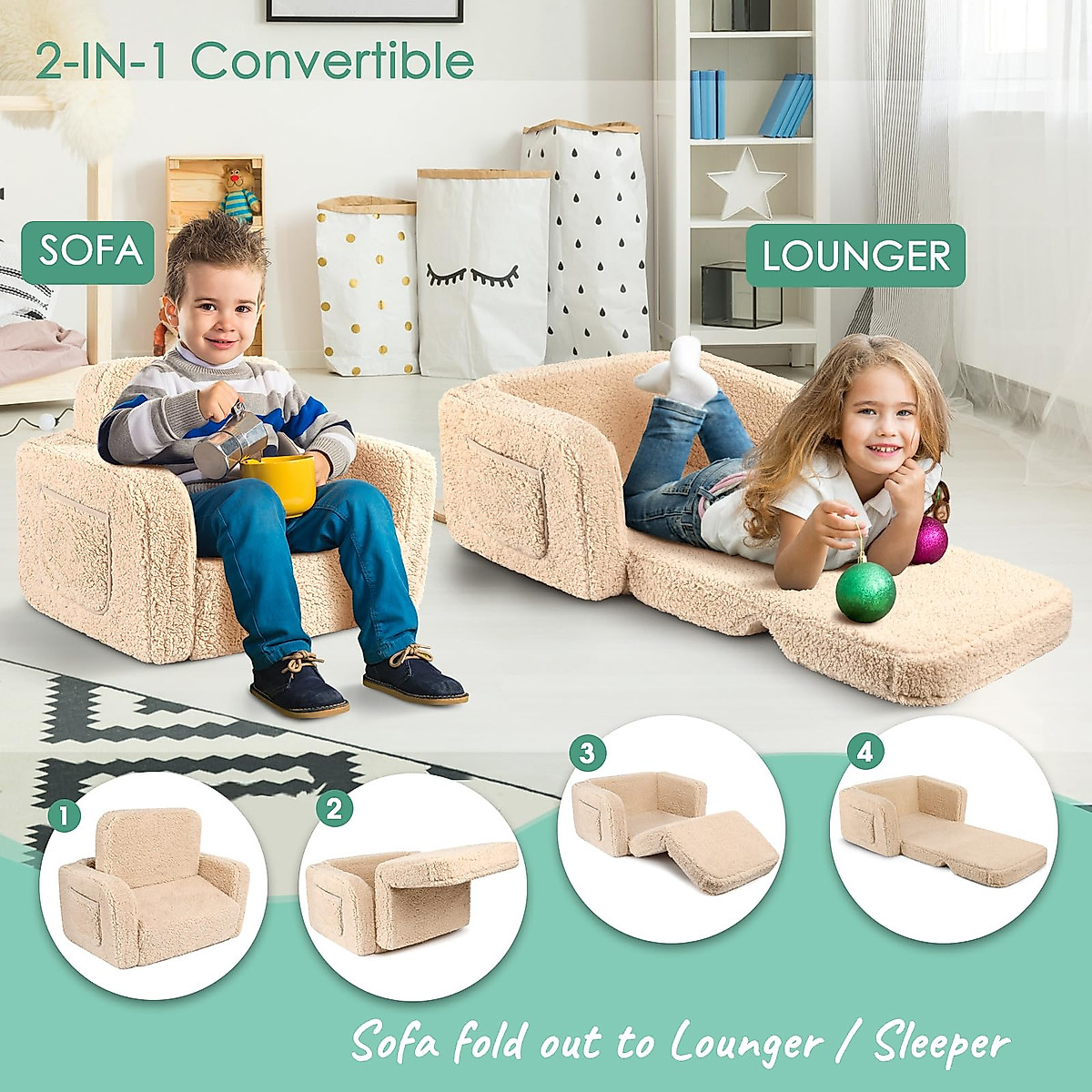 ACRABROS Kids Couch Toddler Chair: Sofa Bed Fold Out for Girls Boys Beige