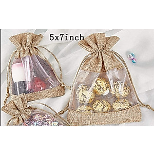 XMSound 50 Pack 5x7 Inch Linen Burlap Sheer Bag Organza Bag Burlap Bags Gift Bags with Drawstring, for Wedding Party Favors Cosmetic Samples Mesh Pouch DIY Craft