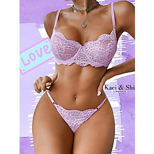 Kaei&Shi Sexy Bra And Panty Sets,Underwire Mesh Floral Lace Lingerie For Women,Thong Sheer Matching Two Piece Sexy Lingerie Set Boudoir Light Purple Medium