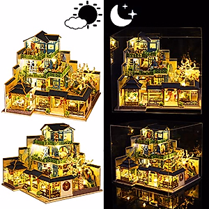 Spilay Dollhouse DIY Miniature Wooden Furniture Kit,Mini Handmade Big Castle Model with LED & Music Box,1:24 Scale Creative Doll House Toys for Adult Gift