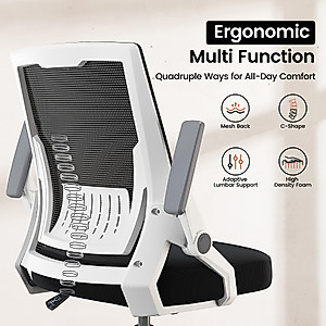 GTPOFFICE Ergonomic Office Chair, Computer Desk Chair Comfy with Adjustable Lumbar Support, Mid-Back Mesh Office Chair with Flip-up Armrest, Tilt Function Task Chair for Home, Bedroom, Gaming, White
