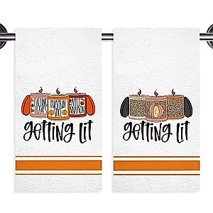 GAGEC Fall Kitchen Towels Getting Lit Funny Fall Dish Towels Set of 2, Autumn Holiday Tea Towel 18 x 26 Inch Hand Drying Cloth Towel for Kitchen Home Decoration