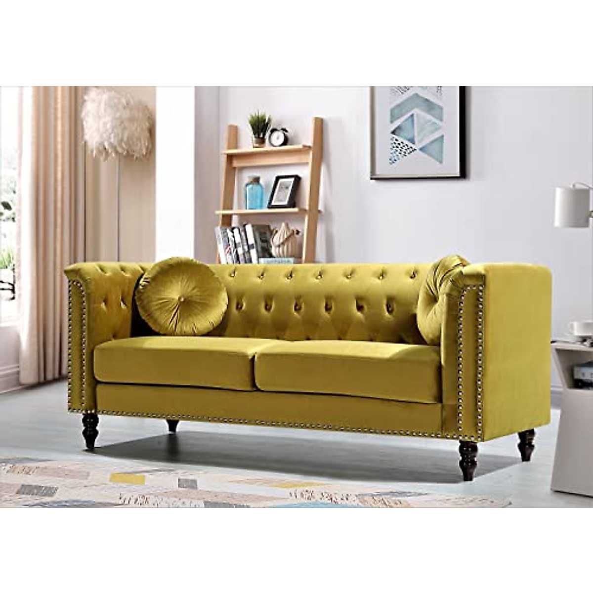 US Pride Furniture Modern Style High Density Foam 75.98'' Wide Golden Velvet Rolled Arm Chesterfield Living Room Removable Cushion & Solid Wood Legs (S5608-5613) Sofas, Strong Yellow