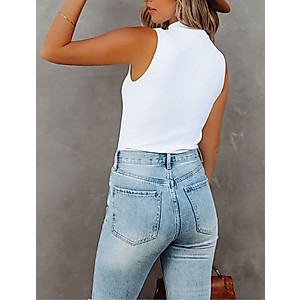 Areecin Women's Mock Neck Tank Tops Summer Sleeveless Pullover Tops Slim Fit Ribbed Shirts Casual Basic Blouses White L