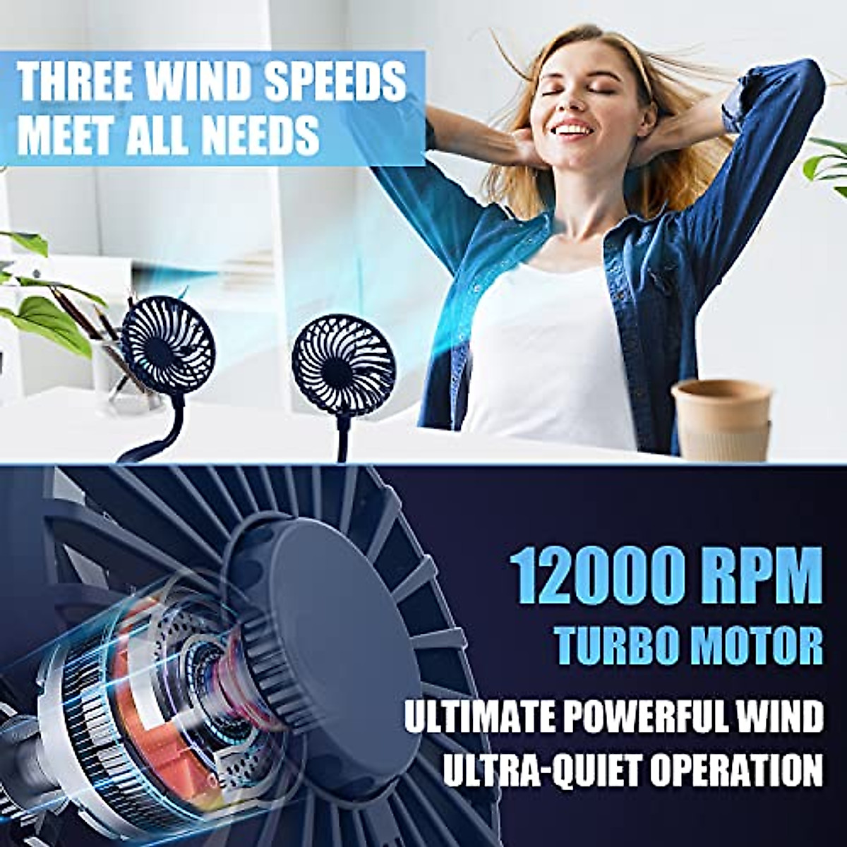 Portable Neck Fan, 24 Working Hours Rechargeable Battery Operated Fan with a Charger for 2x2600 mAh Battery, Personal Fan Hands Free Wearable Hanging Around Neck Fans for Travel Gardening Cooking