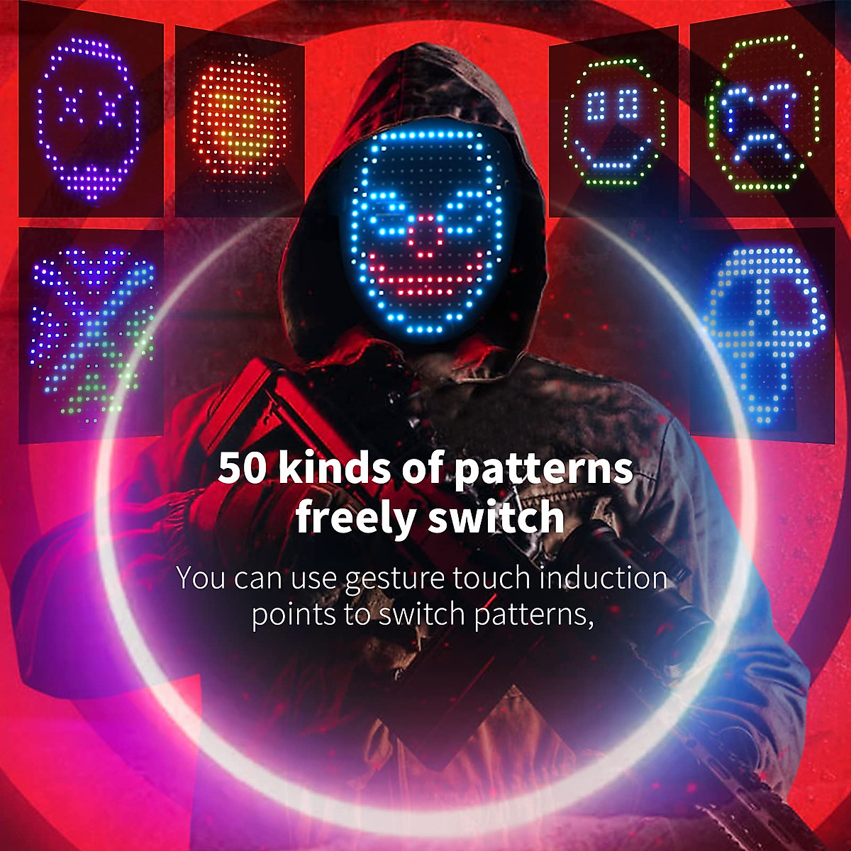 jcwfuno Led Mask Gesture Control Face Changing, Apply To Cosplay Accessories For Halloween Masquerade Costumes, Christmas Rave Party，2022 Upgraded Coolest Halloween Adult Light-up Mask