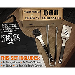 Fun BBQ Gifts for Men : 4Pcs Set Grilling Accessories. Heavy Duty Stainless Steel Utensil Set + Funny Apron. Best Grilling Gifts for Men or Gifts for Men who Have Everything.