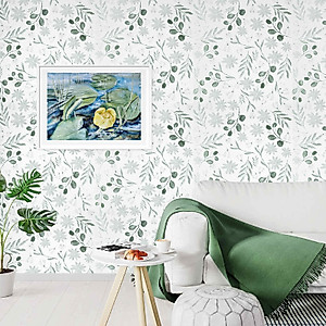 LXCREAT 17.71in x 118in Boho Peel and Stick Wallpaper and Green Leaf Contact Paper for Bathroom Decoration