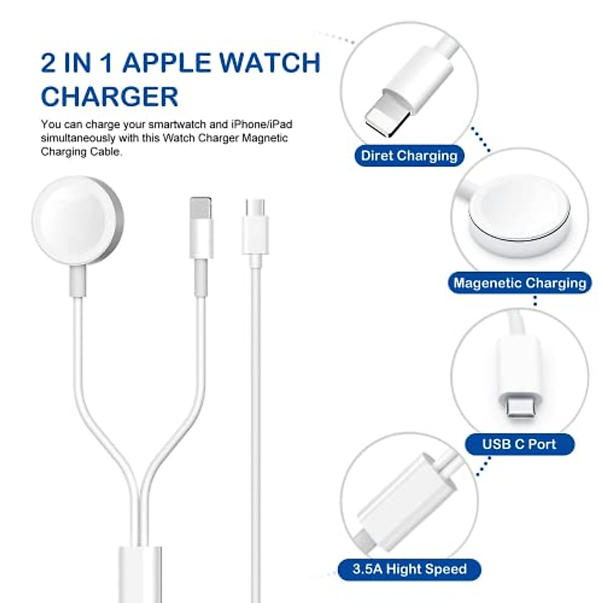 Watch Charger 2 in 1 Type-C Portable Charging Cable Compatible with Apple Watch iwatch Series SE/8/7/6/5/4/3/2/1 and Compatible with iPhone 13/12/11/Pro/Max/X/XR/XS/XS Max&Pad Series (4ft/1.2M)
