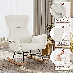 Velvet Rocking Chair for Baby Nursery, Comfy Small Rocker with 2 Pockets, Modern Upholstered Accent High Back Armchair for Living Room, Bedroom, and Office (Off White Velvet)
