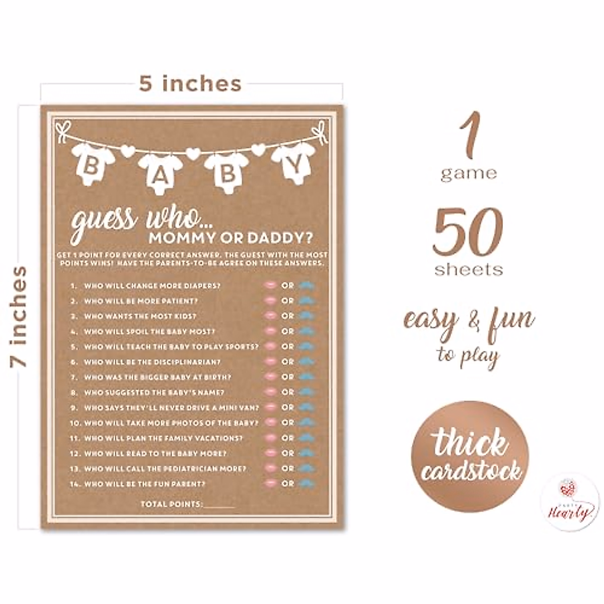 Party Hearty Baby Shower Games for Girl or Boy, 50 pcs Mommy or Daddy Guess Who Game, Fun Activity Cards, Gender Neutral, Baby Shower Ideas