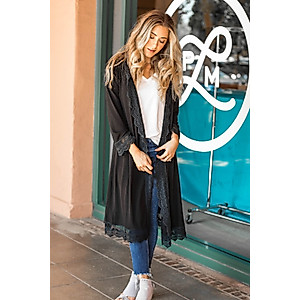 Tickled Teal Women's 3/4 Sleeve Lace Trim Casual Wrap Cardigan Coverup Outerwear Sweater (Black, Large)