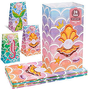 VGOODALL 24PCS Mermaid Party Favor Bags, Sea Theme Party Favor Bags Mermaid Gift Bags with Sealing Stickers for Baby Shower Bridal Shower 4.7" x 3.1" x 8.7"