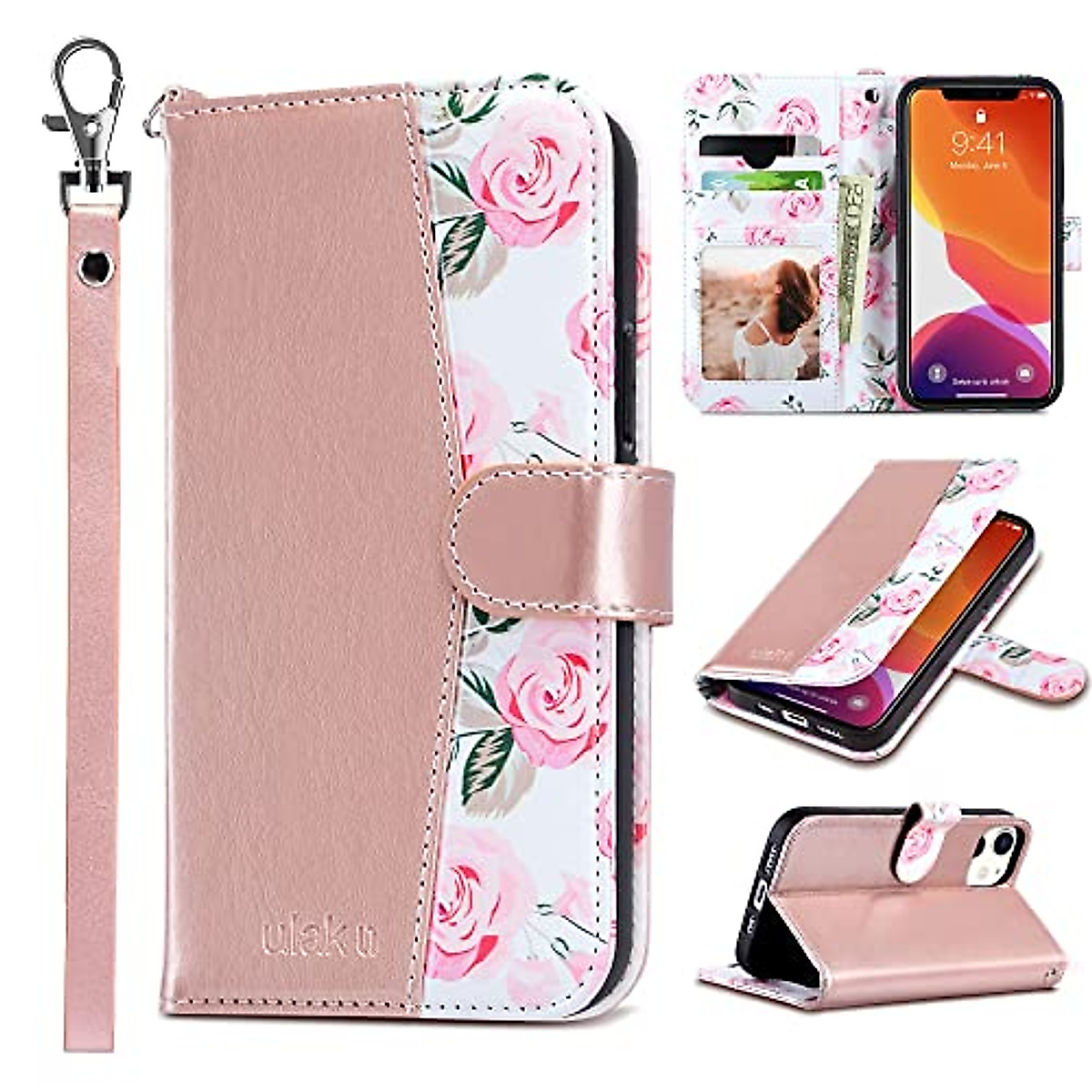 ULAK Compatible with iPhone 12 Wallet Case for Women, Premium PU Leather iPhone 12 Pro Flip Cover with Card Holder, Wrist Strap, Kickstand Shockproof Phone Case for iPhone 12/12 Pro 6.1, Rose Flower