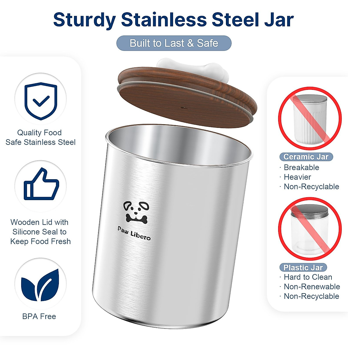 31 oz/10 cups Stainless Steel Dog Treat Container Airtight with Wooden Lid to Keep Fresh, Metal Dog Food Storage Container with Ceramic Bone Handle, Easy Clean Dog Treat Jar, Cat Treat Container Bin