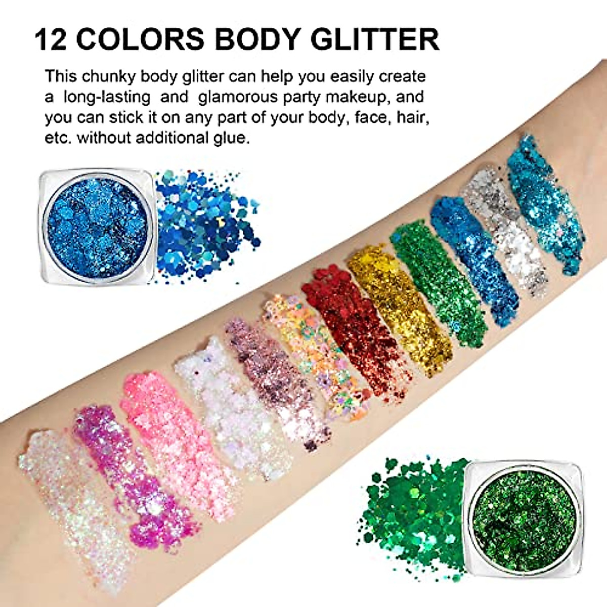 12 Colors Body Glitter Gel Kit, Super Long Lasting Holographic Chunky Glitter Gel Festival Party Makeup for Face, Body, Hair, Nail Art, Eyeshadow, 3Pcs Sponge Makeup Brush Include (Set A)