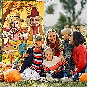 Thanksgiving Party Scarecrow Backdrop Decoration,Pumpkins Sunflower Photo Door Banner Cover Harvest Maple Fall Leaves for Autumn Thanksgiving Party Decor Favor Supplies