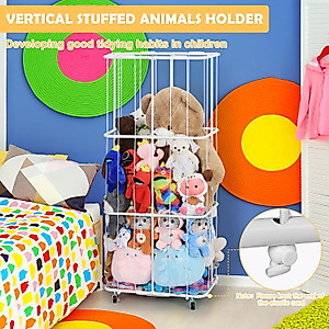 Ebeneze Metal Stuffed Animal Storage, Large Stuffed Animal Zoo Holder, Kids Toy Storage Organizer with Wheel and Elastic String, Plush Storage Shelf for Kids Room, Bedroom, Playroom, Nursery, White