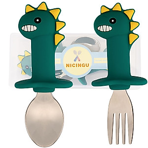 NICINGU Toddler Utensils,Baby Spoons Fork Sets,Kids Silverware with Silicone Handle,Dinosaur Toddler Spoons Forks-Blue