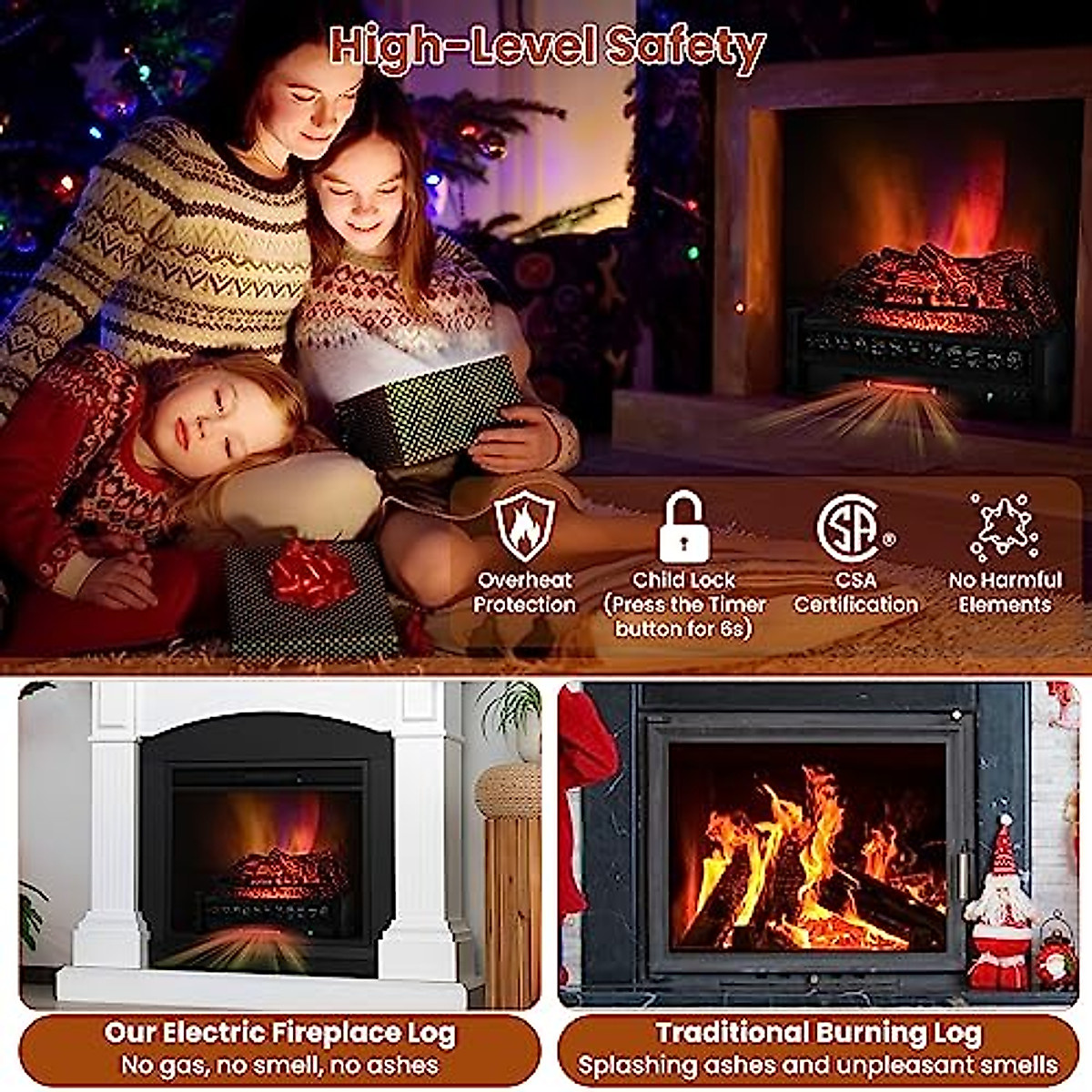 GOFLAME 26 Inch Electric Fireplace Log Set Heater, Fireplace Insert Log Heater with Remote Control, 5 Flame Modes & Brightness, 8H Timer, Realistic Pinewood Ember Bed