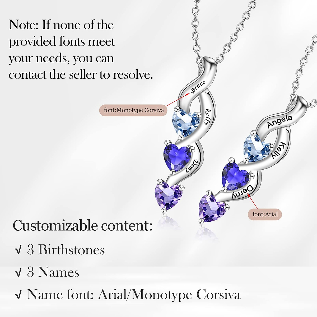 Seecoco Personalized 3 Simulated Birthstone Necklace for Women Engraved 3 Name Custom Mothers Necklaces Customized Family Pendant Necklace Jewelry Gifts For Mom Grandma Wife