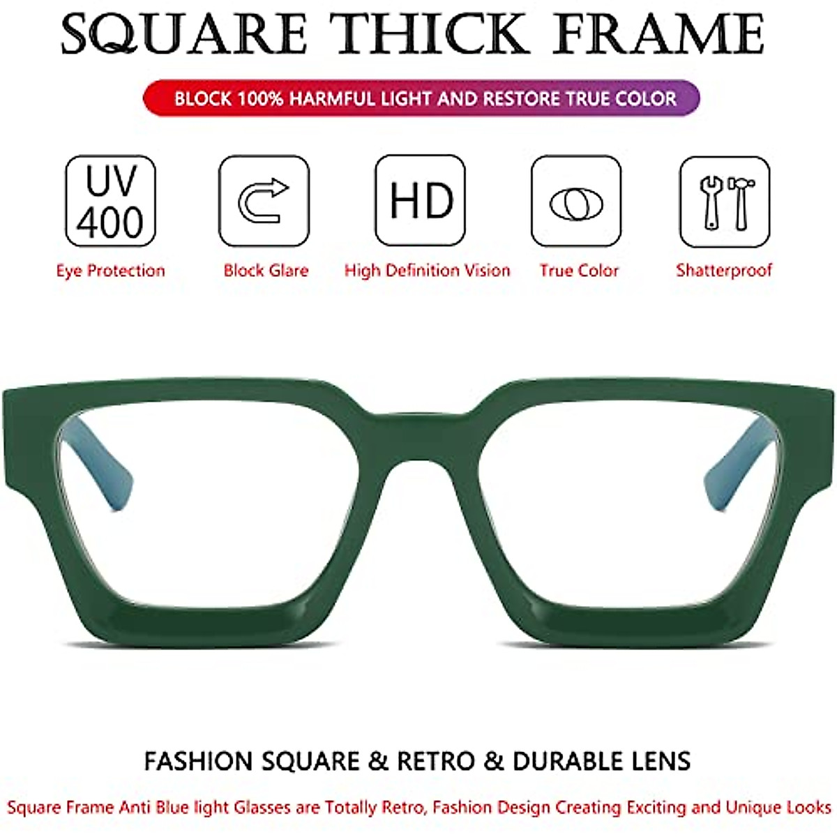 AIEYEZO Square Thick Frame Glasses for Women Men Fashion Blue Light Glasses Trendy Chic Computer Eyeglasses (Green)