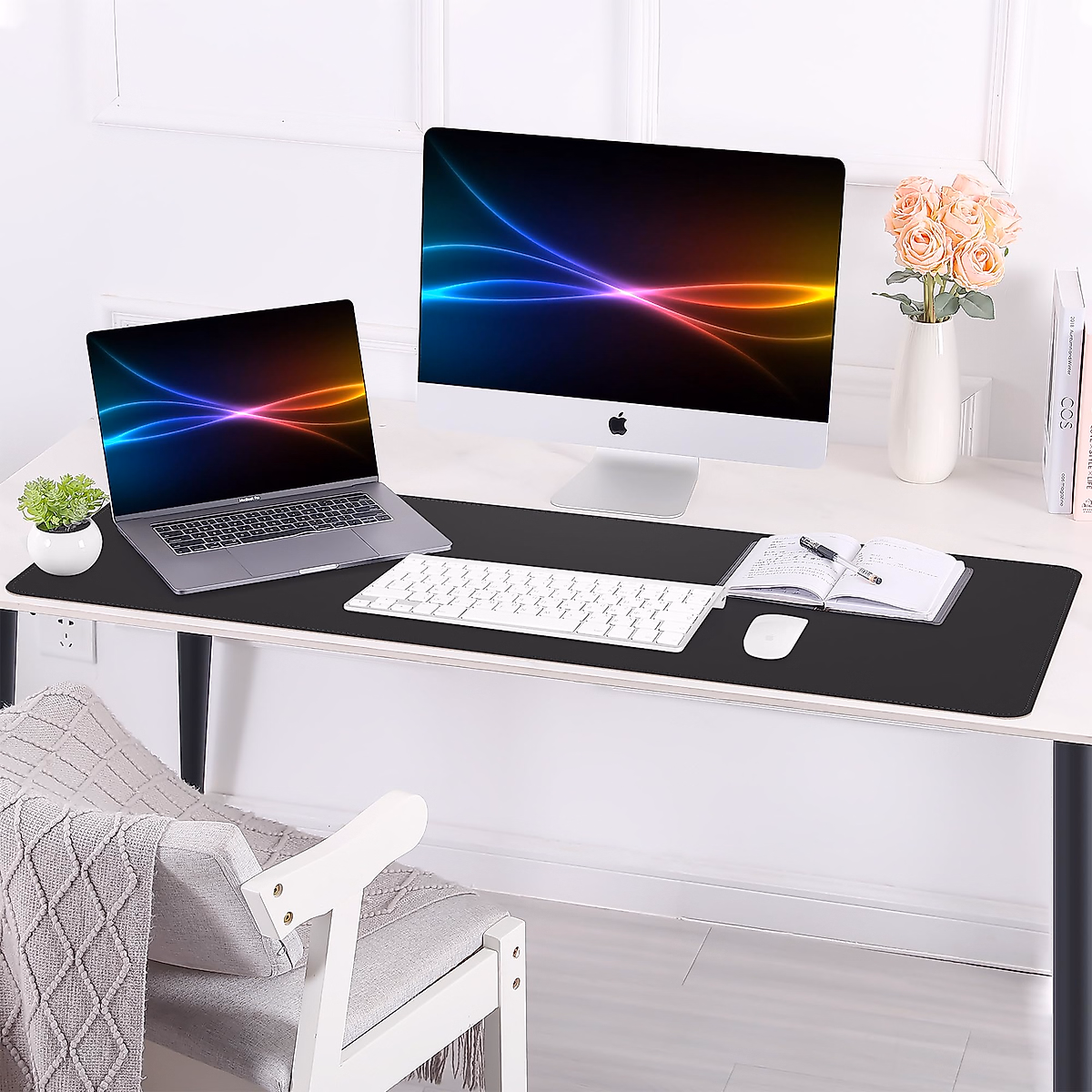 Large Desk Mat 47.2" x 17" Leather Desk Pad Protector with Natural Cork & PU Leather, Non-Slip Office Desk Mat, Large Mouse Pad, Waterproof Desk Blotter pad for Office&Home(Black)