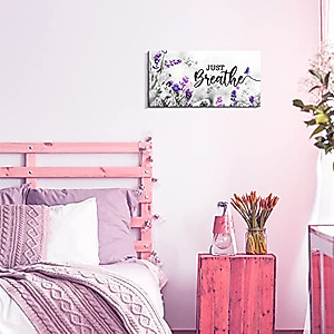 Creoate Just Breathe Bedroom Wall Art, Purple Lavender Picture with Inspirational Quotes Canvas Print Artwork for Home Decoration