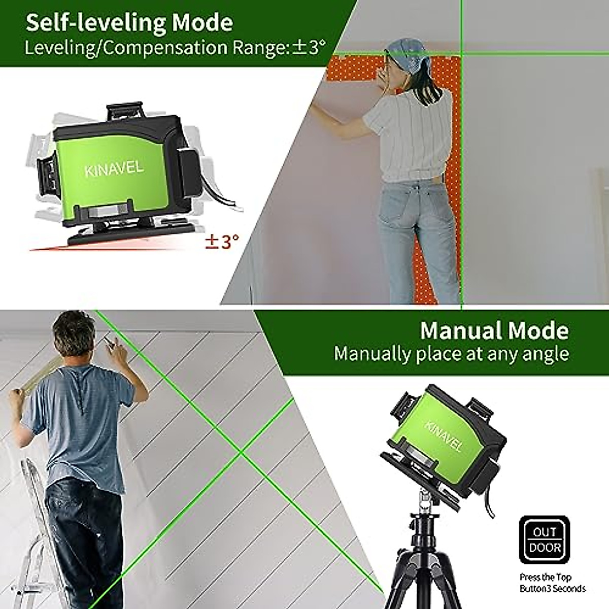 KINAVEL Laser Level 4x360 Self Leveling 16 Lines Green Beam 4D Cross Professional Line Laser Tool Pulse Mode for Construction Tiling Picture Hanging with 2 Batteries, Remote Controller, Lifting Base