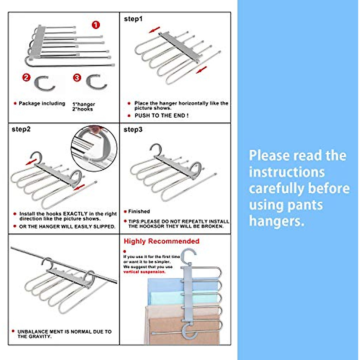 SOSOPIN 2 Pack Pants Hangers Space Saving Non-Slip Clothes Organizer 5 Layered Pants Rack for Scarf Jeans (Grey, 6 Pcs)