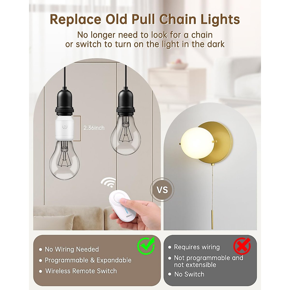 Remote Control Light Socket E26/E27 Bulb Base Holder, Wireless Light Switch for Pull Chain Light Fixtures, 300FT RF Range, No Wiring Wireless Light Switch for 500W Light Fixtures